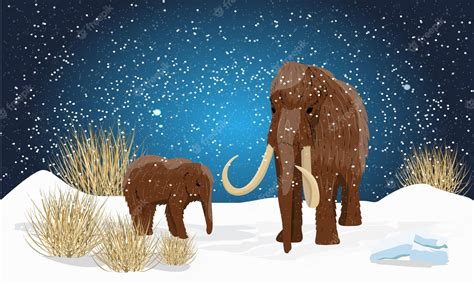 Premium Vector Big Woolly Mammoth And Cub On Plain In The Snow Night