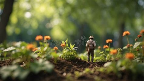 Tiny Figure Cultivating Life Nurturing Plants In A Serene Park Stock