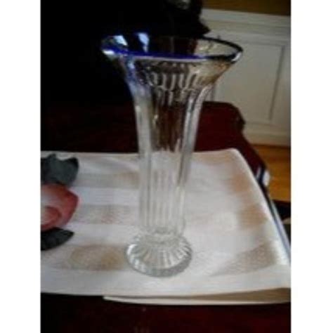 Hand Made Accents Hand Blown Cobalt Blue Trim Clear Ribbed Glass