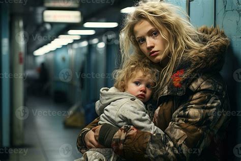 Ai Generated Poor Homeless Woman And Daughter In Dirty Clothes In A