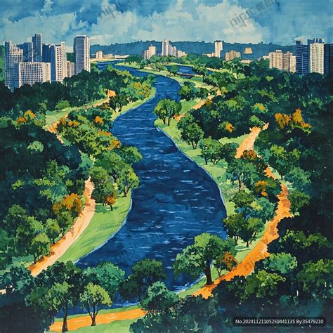 AI创作图河流美术绘画 城市色小河 沿河绿带 河流绿道 水岸绿道绿色地产 茅洲河碧道 写实城市画 桂畔河绿色城市 河边绿树步道 石岐河小榄水道
