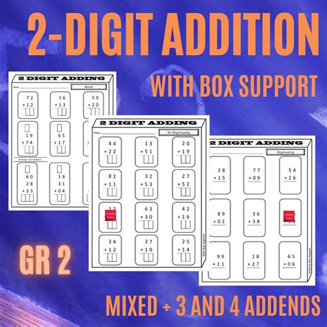 2 Digit Addition Printable Worksheets Mixed W Box Support Etsy