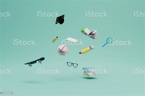 교육의 개념 두뇌 헤드폰 안경 책 주인의 모자 파란색 배경에 스케이트 3d 렌더링 교육에 대한 스톡 사진 및 기타 이미지