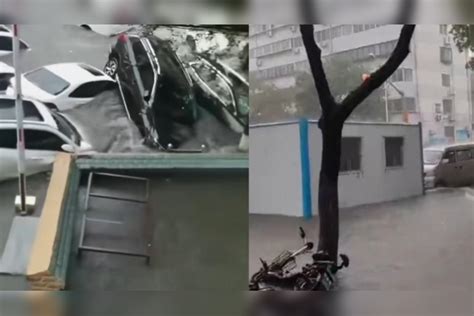受台风影响济南迎来暴雨：积水及胸众多车辆被淹，集装箱被水冲走