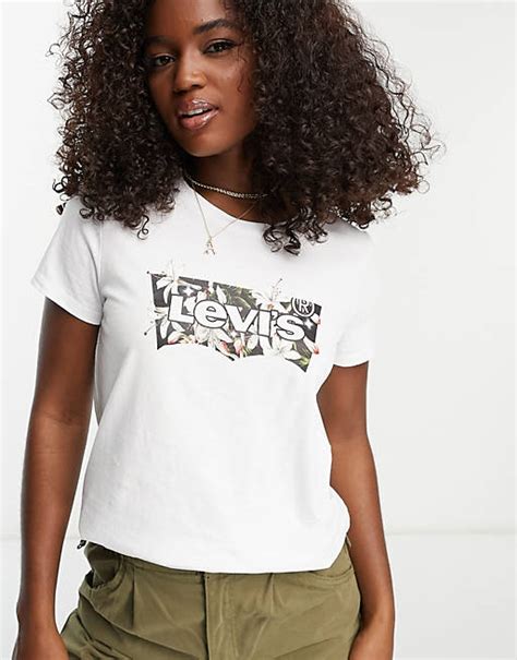 Levis T Shirt In White With Floral Print Batwing Logo Asos