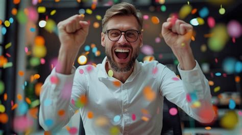 Premium Photo Joyful Man Celebrating With Confetti Indoors