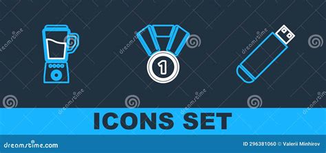 Set Line USB Flash Drive Blender And Medal Icon Vector Stock