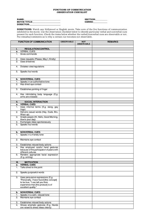 Observation Checklist For Movies Functions Of Communication
