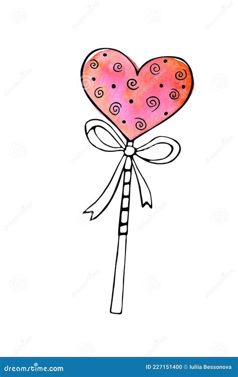 Watercolor Heart Shape Lollipop Gingerbread On Stick With Bow Hand