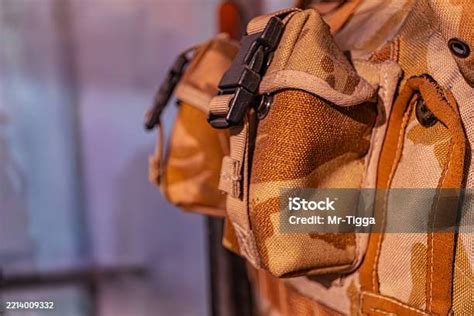 올리브 그린과 브라운 위장 백팩은 흐릿한 배경에 조명이 밝은 환경에 배치됩니다 스트랩 버클 가방의 포켓 보이는 텍스트 없음 0명에 대한 스톡 사진 및 기타 이미지 Istock