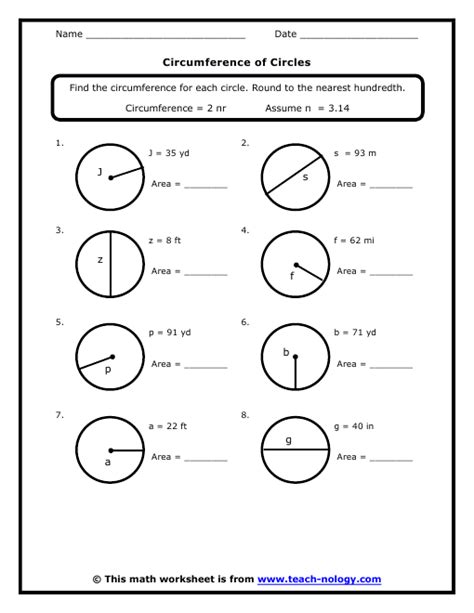 Worksheet On Circumference And Area Of A Circle