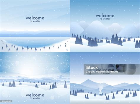 벡터 그림입니다 평평한 겨울 풍경 간단한 눈 덮인 배경 눈이 떠있습니다 강 설 맑은 푸른 하늘 블리자드 겨울 파노라마 배경 화면 배경 집합입니다 외로운 집 0명에 대한 스톡