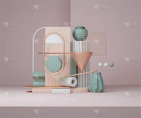 简约的几何组成。包豪斯3d渲染设计。