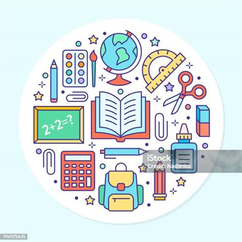 學校提供帶有線條圖示的圓圈範本學習工具海報地球 計算機 書 鉛筆 剪刀 尺子 筆記本向量插圖文具銷售手冊的薄標誌向量圖形及更多俄羅斯圖片