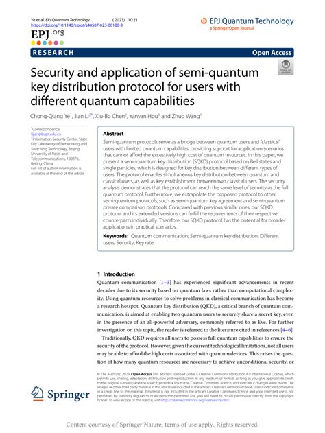 Pdf Security And Application Of Semi Quantum Key Distribution