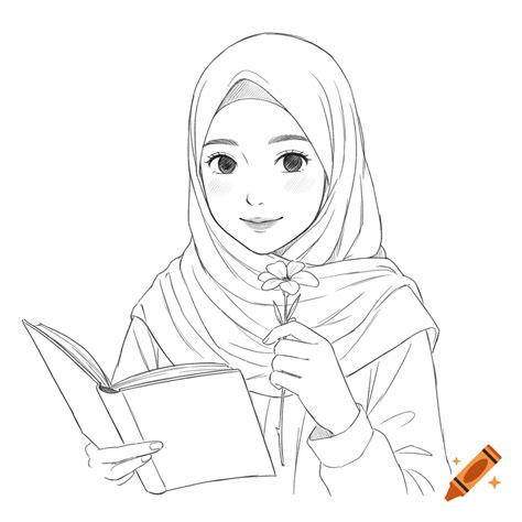 Sketch Of A Hijabi Girl Reading A Book And Holding A Flower On Craiyon