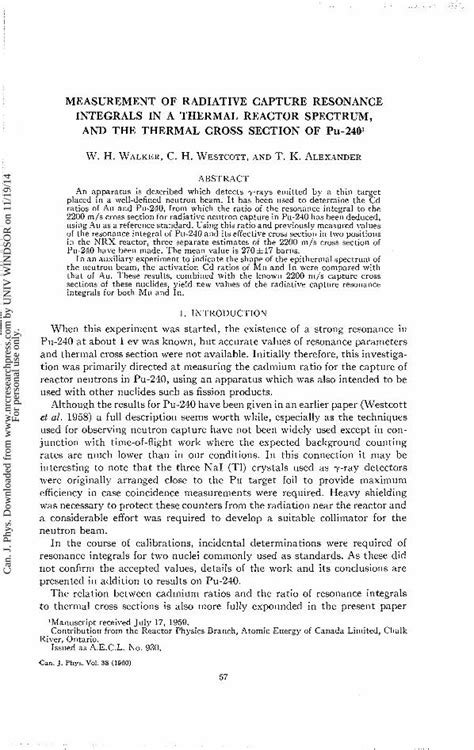 Pdf Measurement Of Radiative Capture Resonance Integrals In A Thermal Reactor Spectrum And