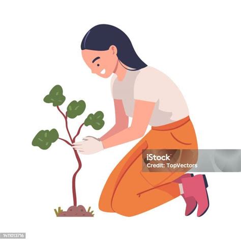 행성과 자연을 돌보는 토양에 나무 묘목을 심는 여성 캐릭터 벡터 일러스트 레이 션 나무에 대한 스톡 벡터 아트 및 기타 이미지