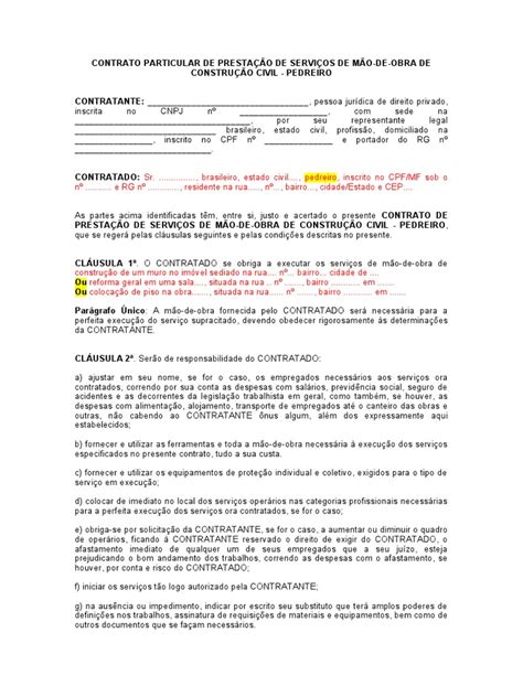 Contrato De Serviços De Pedreiro Pdf Economias