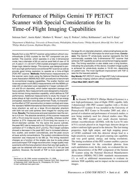 Pdf Performance Of Philips Gemini Tf Petct Scanner With Special
