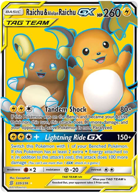 Raichu And Alolan Raichu Gx Unified Minds 220 Pokemon Card