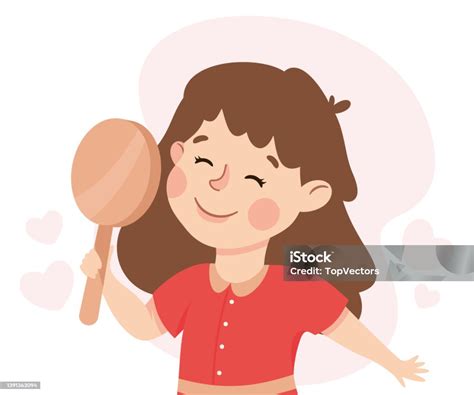 거울을 바라보며 자신을 존경하는 어린 소녀와의 자기 사랑 그녀의 외모를 사랑하는 벡터 일러스트 레이 션 거울에 대한 스톡 벡터