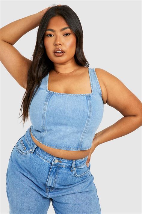 Plus Denim Corset Top Boohoo Uk