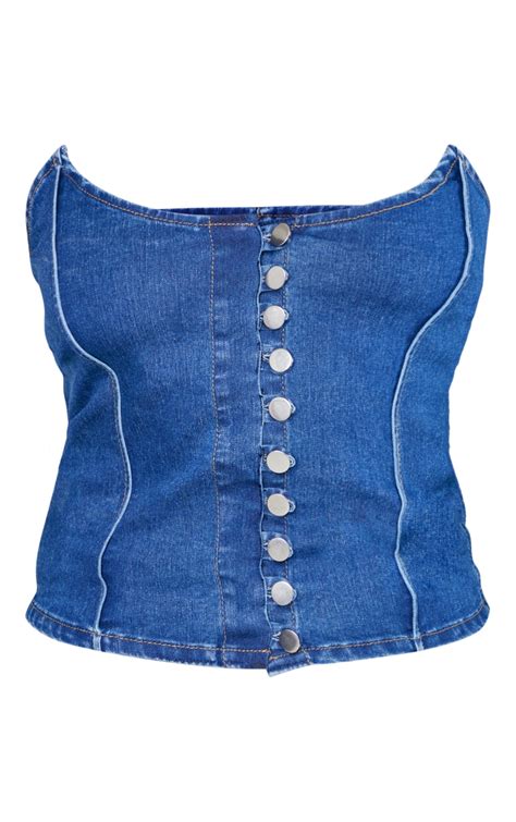 Plus Mid Blue Wash Button Front Denim Corset Prettylittlething Aus