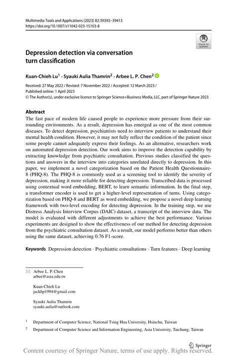 Depression Detection Via Conversation Turn Classification Request Pdf