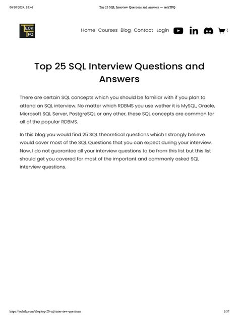 Top 25 Sql Interview Questions And Answers Techtfq Pdf