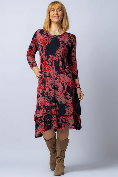 Rochie A Line Midi Din Vascoza Cu Imprimeu Bordo Si Doua Volane Poale