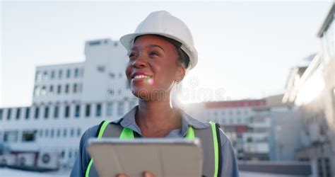 Engineering Tablet And Thinking With Black Woman In City For Project Management Digital