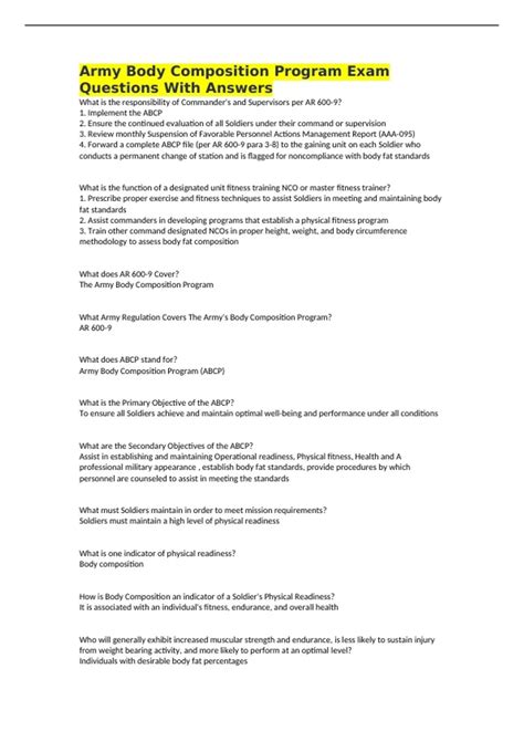 Army Body Composition Program Exam Questions With Answers Army Body Composition Program