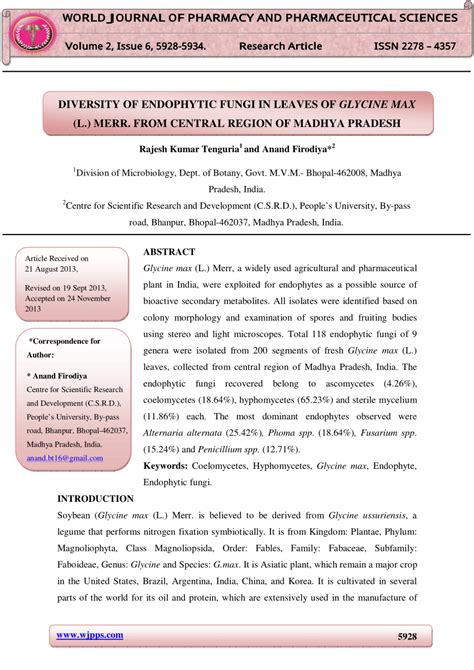 Pdf Diversity Of Endophytic Fungi In Leaves Of Glycine Max L Merr