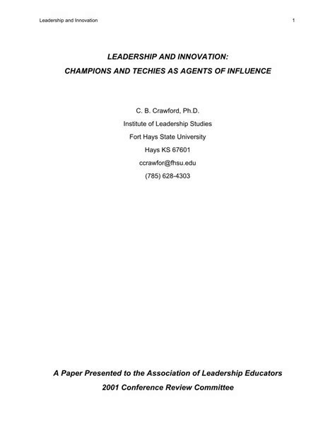 Pdf Leadership And Innovation Champions And Techies · Leadership