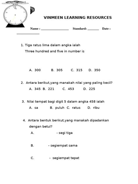 Maths Std 1 3 Akhir Tahun K1 Pdf