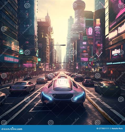A Futuristic Cityscape With Autonomous Vehicles Navigating Traffic Stock Image Image Of
