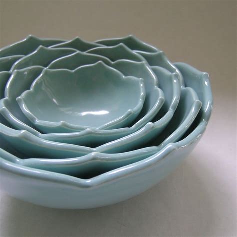 Five Ceramic Nesting Lotus Bowls In Robin Egg Blue By Whitneysmith