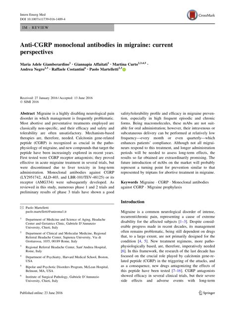 Pdf Anti Cgrp Monoclonal Antibodies In Migraine Current Perspectives