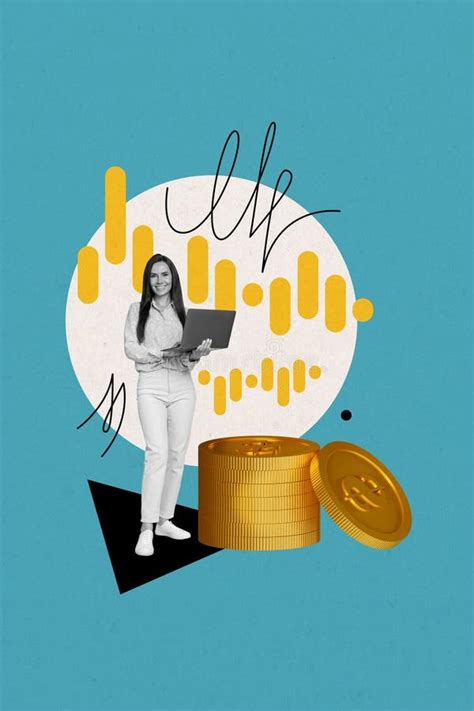 Vertical Collage Of Black White Effect Mini Girl Use Netbook Pile Stack Big Money Coins Isolated