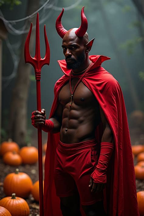A Man Wearing A Classic Red Devil Costume With Devil Horns A Red Cape And H 14170540