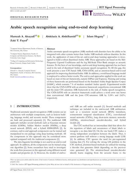 Pdf Arabic Speech Recognition Using End‐to‐end Deep Learning