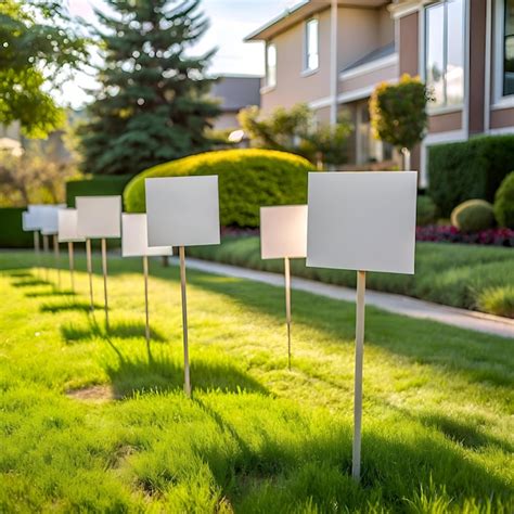 A Row Of Blank White Signs Stand In A Lush Green Lawn Perfect For