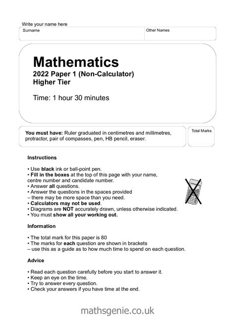 Mathematics 2022 Paper 1 Non Calculator Higher Tier Download For