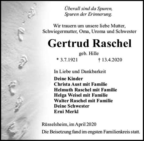 Traueranzeigen Von Gertrud Raschel Vrm Trauer De