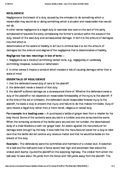Pdf Vicarious Liability Of State Law Of Tort Notes Edu Rev Notes