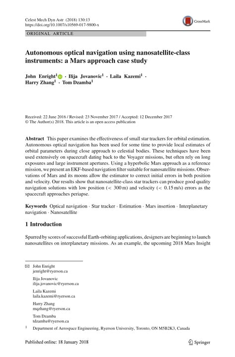 Pdf Autonomous Optical Navigation Using Nanosatellite Class Instruments A Mars Approach Case