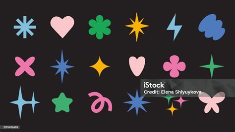 트렌디 한 추상 미니멀리스트 인물 별 꽃 하트 Y2k 디자인 요소 기하학적 모양 현대적인 기호 세트 축제와 파티 분위기 벡터