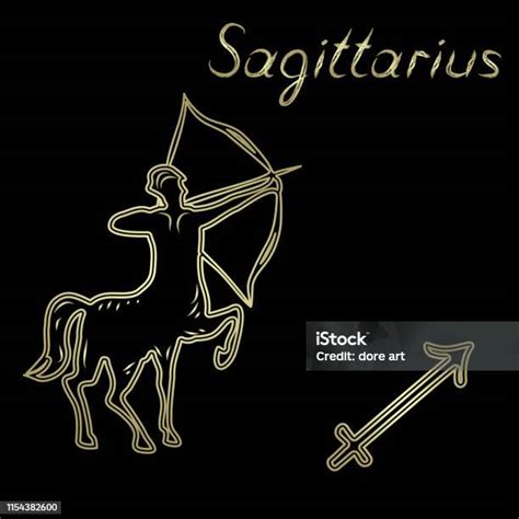 궁수자리 조디악 기호 벡터 일러스트 레이 션에 검정색 배경입니다 고립 된 별자리 기호의 황금 그림입니다 점성 학적 디자인 요소 스텐실 0명에 대한 스톡 벡터 아트 및 기타