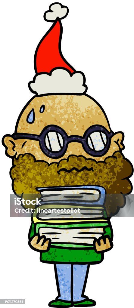 산타 모자를 쓰고 수염과 책 더미를 가진 걱정스러운 남자의 손으로 그린 질감 만화 걱정하는에 대한 스톡 벡터 아트 및 기타 이미지 걱정하는 귀여운 낙서 드로잉